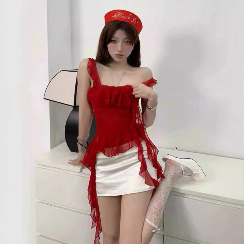 キャミソール レディース 秋冬 赤 不規則裾 ネット チュール リボン 飾り トップス