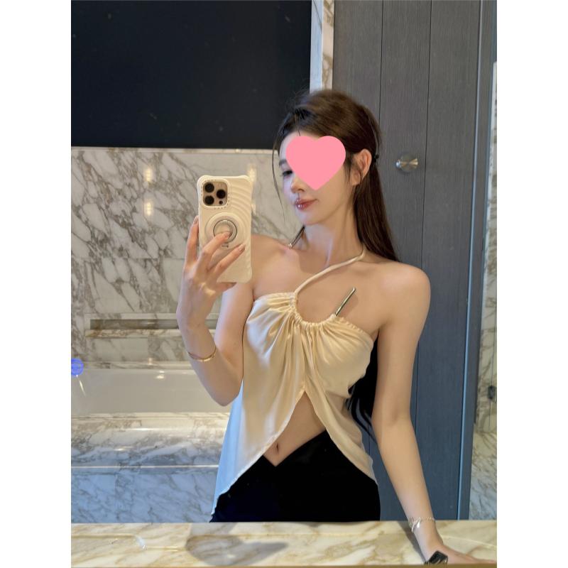 キャミソール レディース セクシー チューブトップ風 アシンメトリー トップス ノースリーブ 接触冷感 カットソー 部屋着 普段使い かわいい ブラック ピンク系・スタイル: 御姐風・图案: -・流行元素: 拼接・面料名称: 涤纶（聚酯纤维...