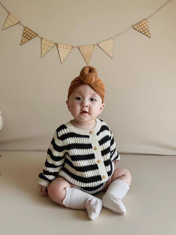 カーディガン キッズ ベビー 春秋 ニット 毛糸 黒白 ストライプ かわいい 男女