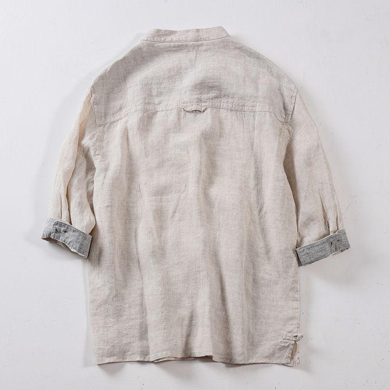 シャツ メンズ 男性用 七分袖 リネンシャツ リネン 麻 スタンドカラー 中国風 チャイナ風 和風 部屋着 普段使い ルームウェア ゆったり 無地 シンプル