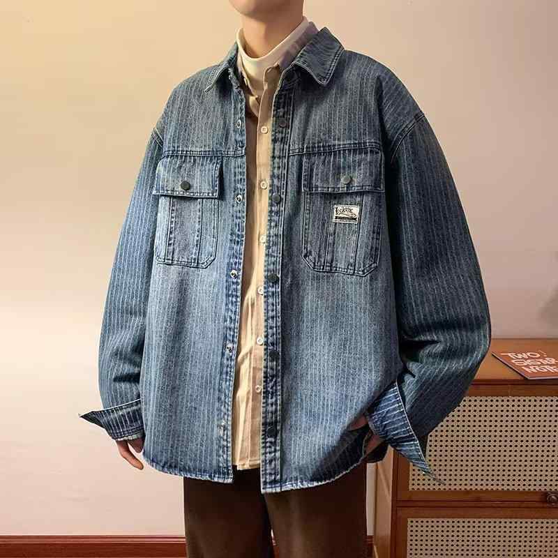 2シャツ 男性用 ストライプ柄 襟付き トップス レトロ ウォッシュ加工 長袖 ゆったり カジュアル 普段使い