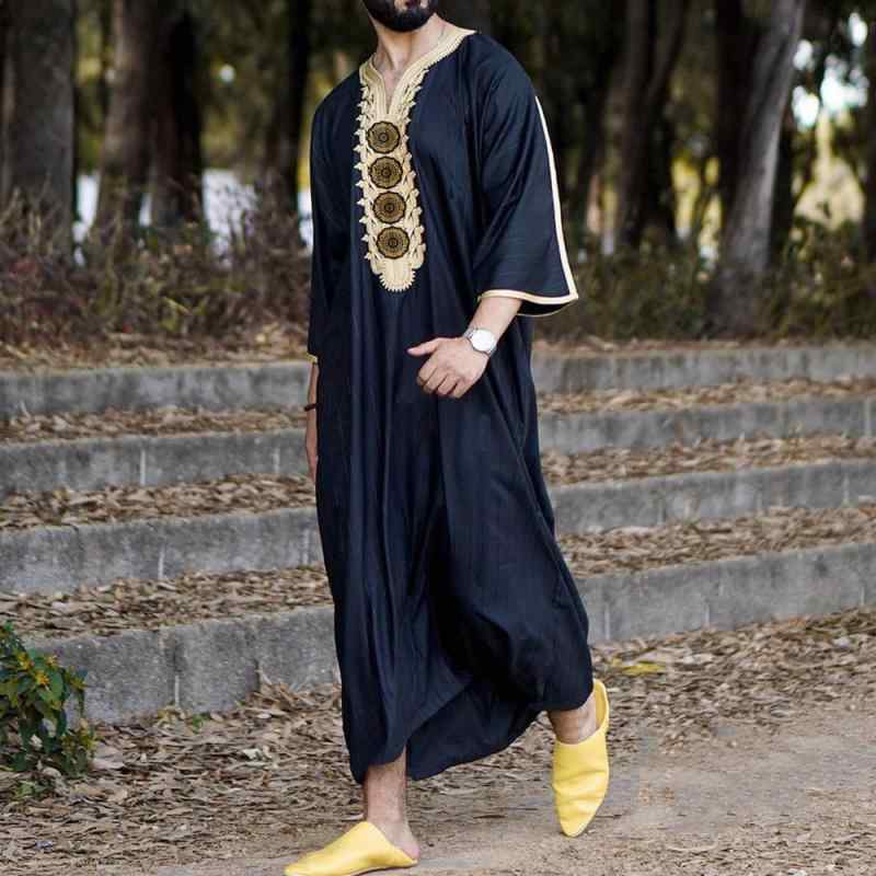 シャツ 男性用 黒色 ムスリム ローブ 民族風 ゆったり カジュアル 普段使い ロング丈 トップス