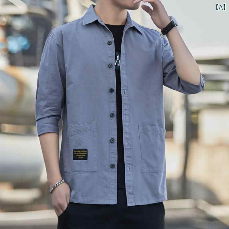シャツ 男性用 綿 接触冷感 七分袖 トップス 宽松 工装 半袖 中袖 アウター