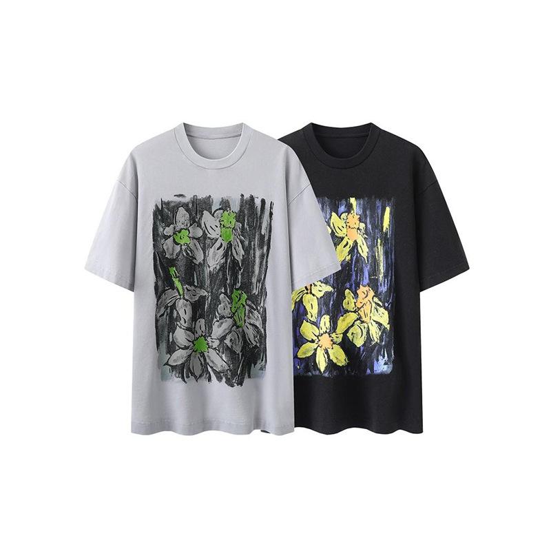 Tシャツ レディース 春夏 小柄 水仙花柄 プリント コットン ゆったり ラウンドネック 半袖 トップス カットソー 普段使い かわいい