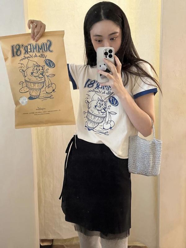 Tシャツ レディース かわいい 猫柄 プリント 韓国風 デザイン 半袖 スリム ショート丈 トップス カットソー おしゃれ 春夏