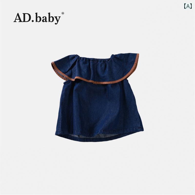 子供服 女の子 ノースリーブ デニムシャツ ブラウス 夏物 韓国風 涼しい ギャザー フリル袖
