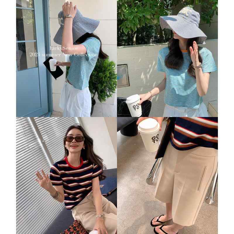 Tシャツ レディース ストライプ トップス カットソー カジュアル スリム 接触冷感 普段使い