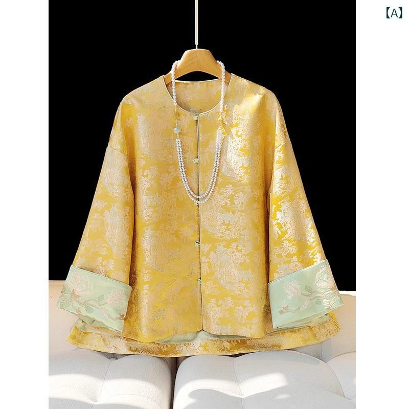 2ジャケット レディース デザイン イエロー レトロ チャイナ風 カジュアル ゆったり トップス 宋锦 ラウンドネック 盤扣 おしゃれ かわいい