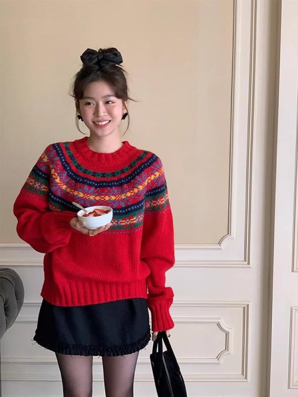 ニット レディース 秋冬 フェアアイル柄 レッド 厚手 あったか ゆったり かわいい トップス セーター プルオーバー 暖色 おしゃれ 普段使い デート