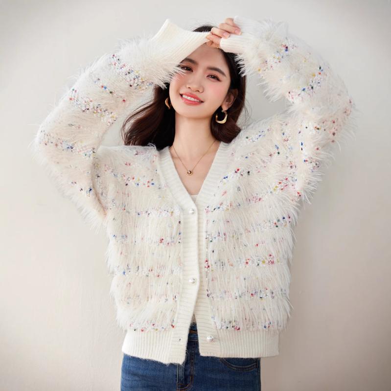 ニット レディース かわいい 法式 甘い ピンク系 配色 デザイン 秋冬 あったか 羽織り トップス