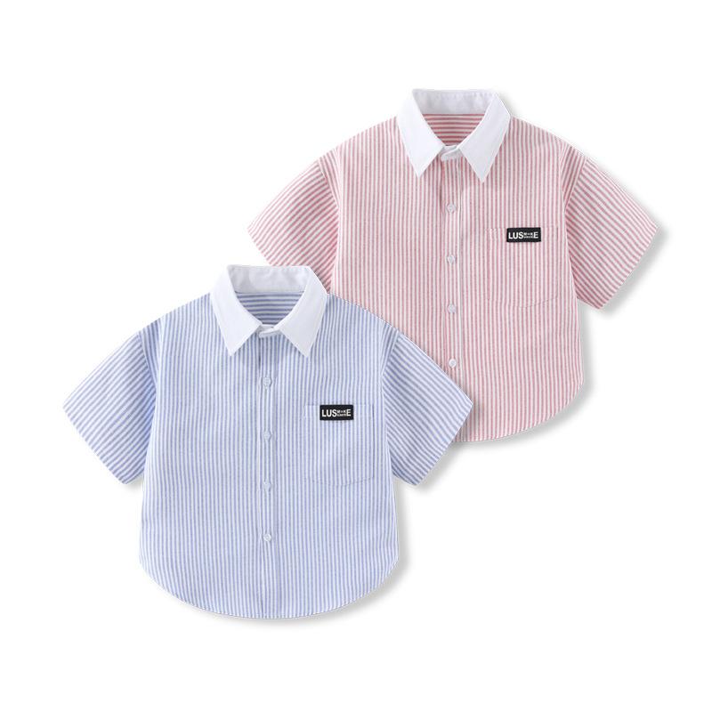 シャツ キッズ 男の子 ストライプ 切り替え 半袖 トップス 抗しわ性 普段使い