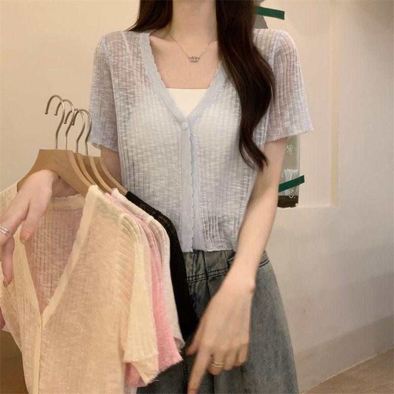 カーディガン レディース 薄手 ニット サマーニット トップス 冷感 接触冷感 スリム 半袖 日焼け対策