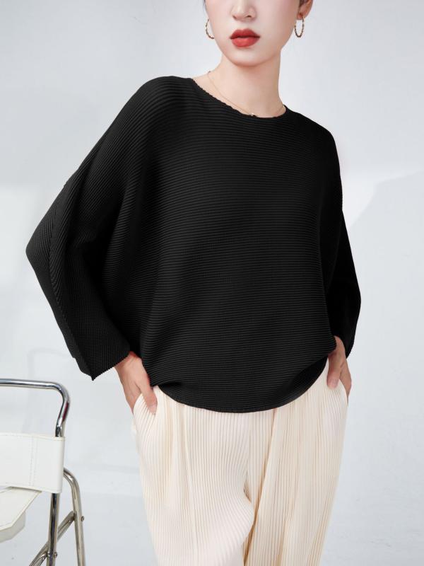 トップス レディース 長袖 ビッグシルエット Tシャツ ゆったり 体型カバー おしゃれ カットソー プルオーバー 三宅風 伸縮性 シワ加工 普段使い