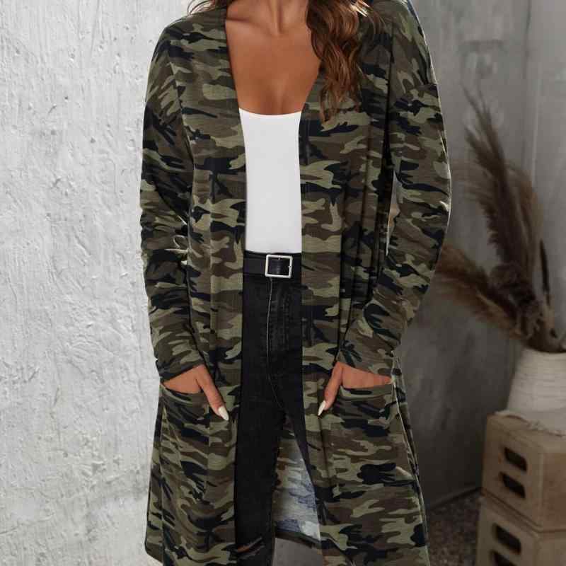 アウター レディース ファッション カジュアル 迷彩柄 プリント ポケット ロング丈 トップス カーディガン ニット カーディガン コート