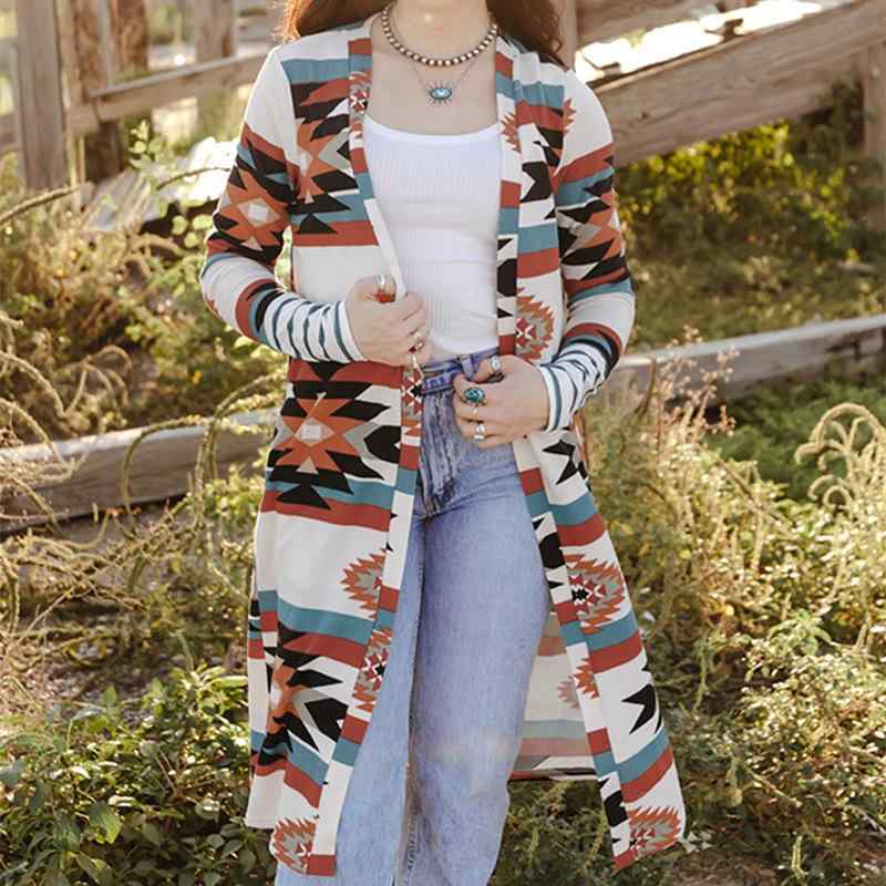 カーディガン レディース 秋冬 ニット ロング丈 長袖 プリント ショール 欧米風 暖かい 冷房対策