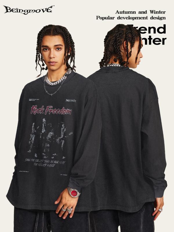 2Tシャツ 男性用 美式 ストリート系 パンク V系 ビッグシルエット 長袖 トップス 秋冬