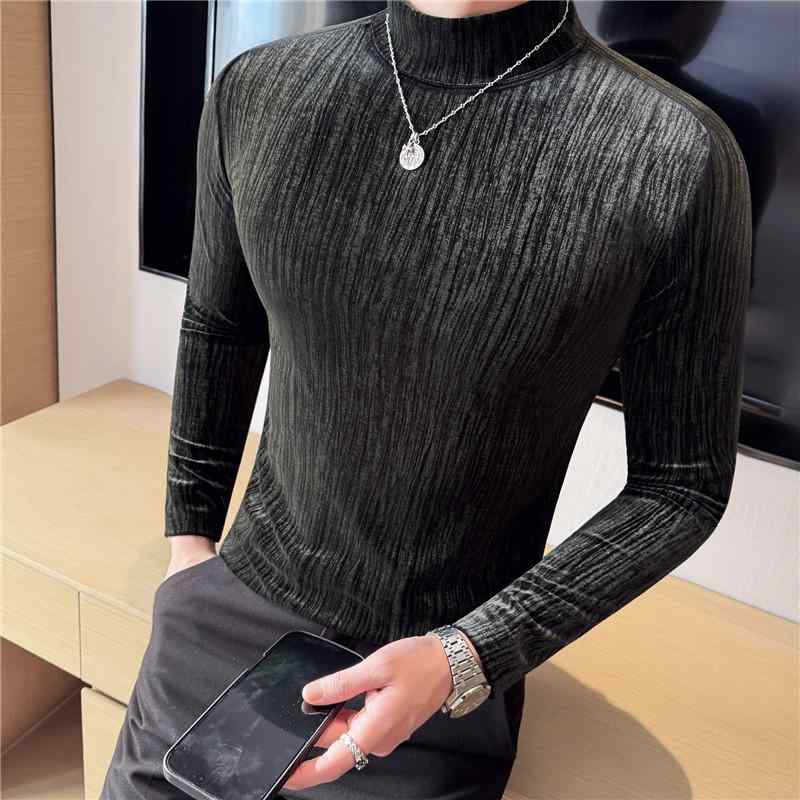 Tシャツ メンズ 男性用 長袖 ハーフハイネック 金糸ベロア ストレッチ ストライプ柄 インナー スリムフィット