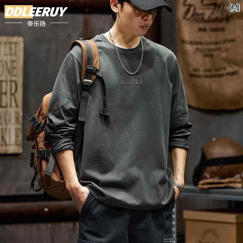 Tシャツ メンズ 男性用 長袖 ヘビーウェイト コットン100% ゆったり 丸首 インナーシャツ 春物 プリント 普段使い 体型カバー