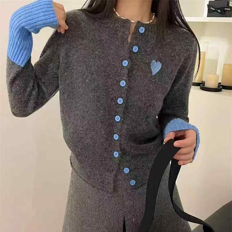 ニット レディース カーディガン 春物 トップス 配色 切り替え ハート 刺繍 丸首 高級感 きれいめ 上品 着痩せ