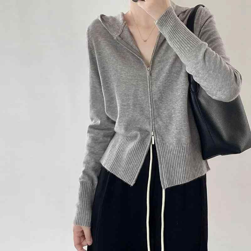 ニット レディース カーディガン 春物 パーカー グレー トップス ダブルジップ フード付き アウター 羽織りもの 伸縮性[{"商品仕様": "・生地の名称: ポリエステル繊維・主な生地の成分2: ビスコース繊...