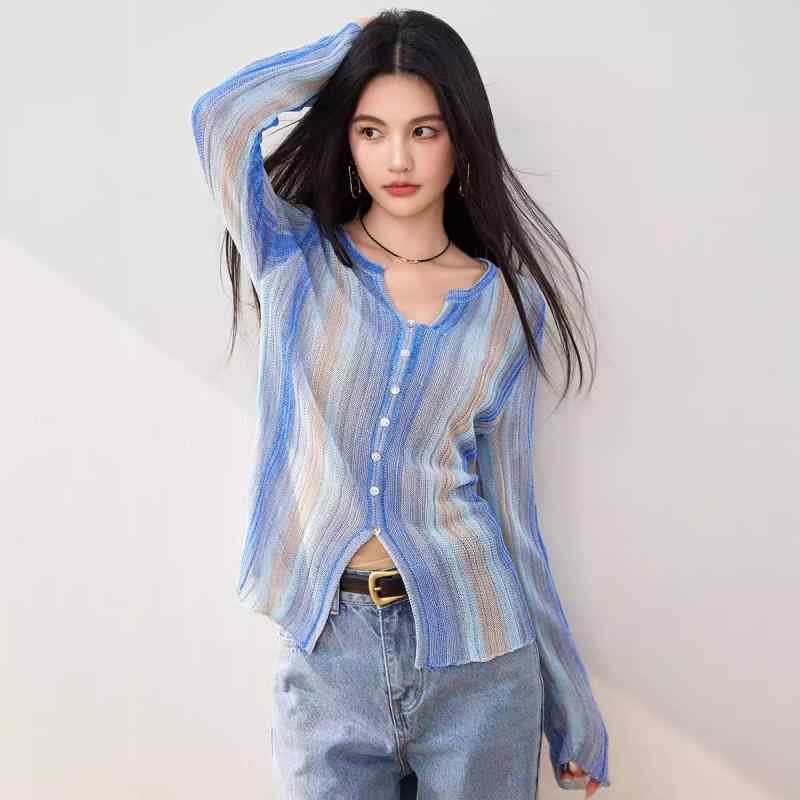 ニットカーディガン レディース グラデーション 絞り染め ストライプ 薄手 配色 日焼け止め 長袖 Vネック トップス 秋冬