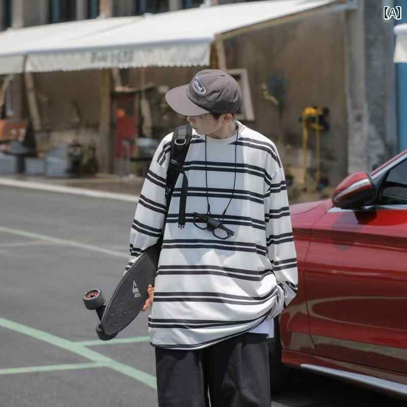 Tシャツ メンズ 男性用 長袖 トップス レトロ INS ストライプ柄 ゆったり 普段使い インナー シンプル ベーシック[ "・スタイル: 港风", "・柄: ストライプ", "・版型: ...