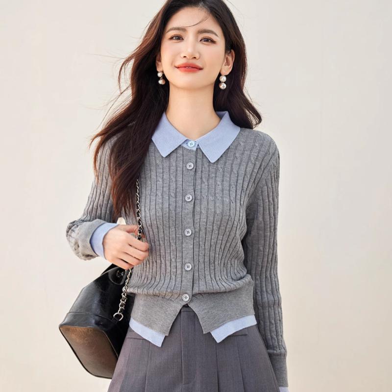 カーディガン レディース 春秋 シンプル 通勤 ニット フェイクレイヤード ストライプ トップス カットソー