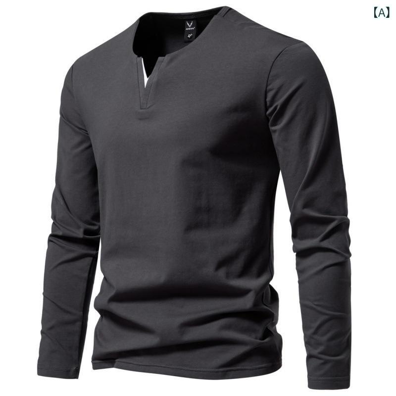 Tシャツ メンズ 男性用 トップス 220g 綿 長袖 ヘンリーネック Vネック カットソー 無地 ミニマル シンプル スタイリッシュ・スタイル: プルオーバー・ネックライン: ラウンドネック・袖丈: 長袖・厚さ: 普通・素材: 綿95%・...