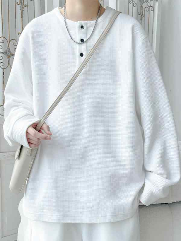 Tシャツ メンズ 男性用 ヘンリーネック ワッフル 織 伸縮性 ゆったり リラックス カジュアル インナー トップス