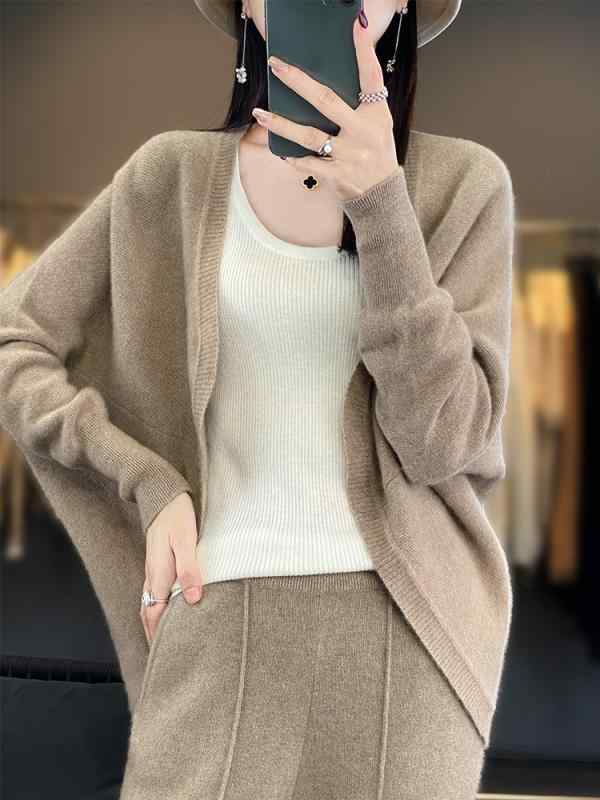 カーディガン レディース 秋冬 女性用 Vネック 純毛 ウール ニット あったか 保温 長袖 ショール アウター ゆったり トップス