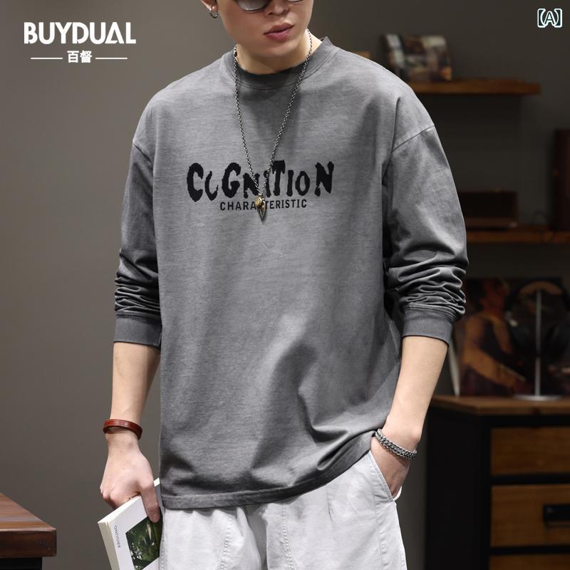 Tシャツ 男性用 長袖 ルーズ クルーネック トップス 春物 植毛 プリント 厚手 ヘビーウェイト 普段使い