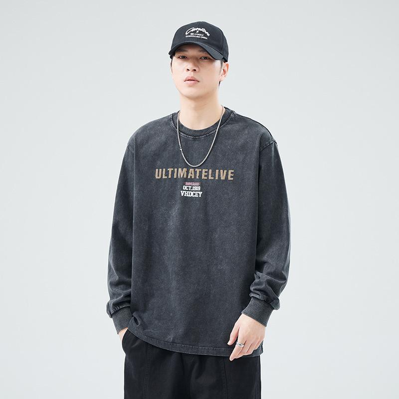 Tシャツ メンズ 男性用 長袖 ヘビーウェイト コットン ゆったり 洗い加工 立体プリント トップス