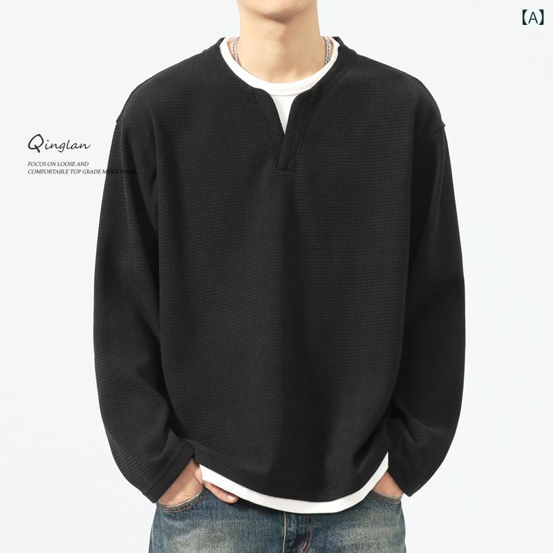 Tシャツ メンズ 男性用 長袖 トップス 重ね着風 ゆったりサイズ 無地 カジュアル クルーネック 春秋