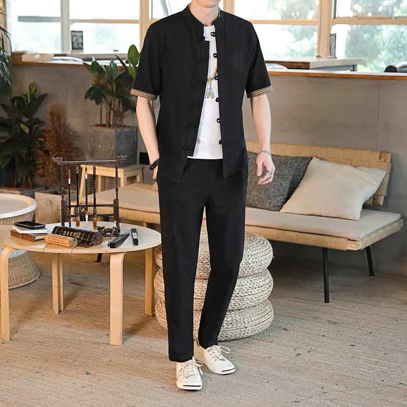 シャツ 男性用 立襟 刺繍 半袖 トップス 長ズボン 綿 麻 セットアップ 上下セット 大きいサイズ 中国風 チャイナ風