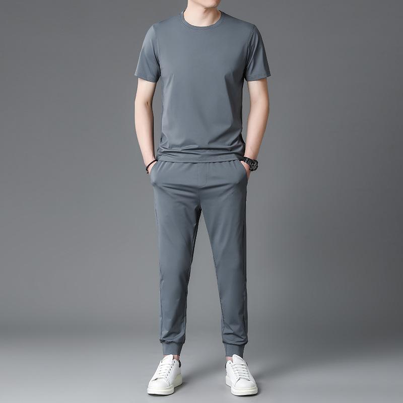 メンズ カジュアル セットアップ 半袖 Tシャツ &amp; スポーツ ロングパンツ 上下 2点 セット 吸湿速乾[ "・スタイル: 韩版", "・厚さ: 薄款", "・パンツ丈: 长裤&q...