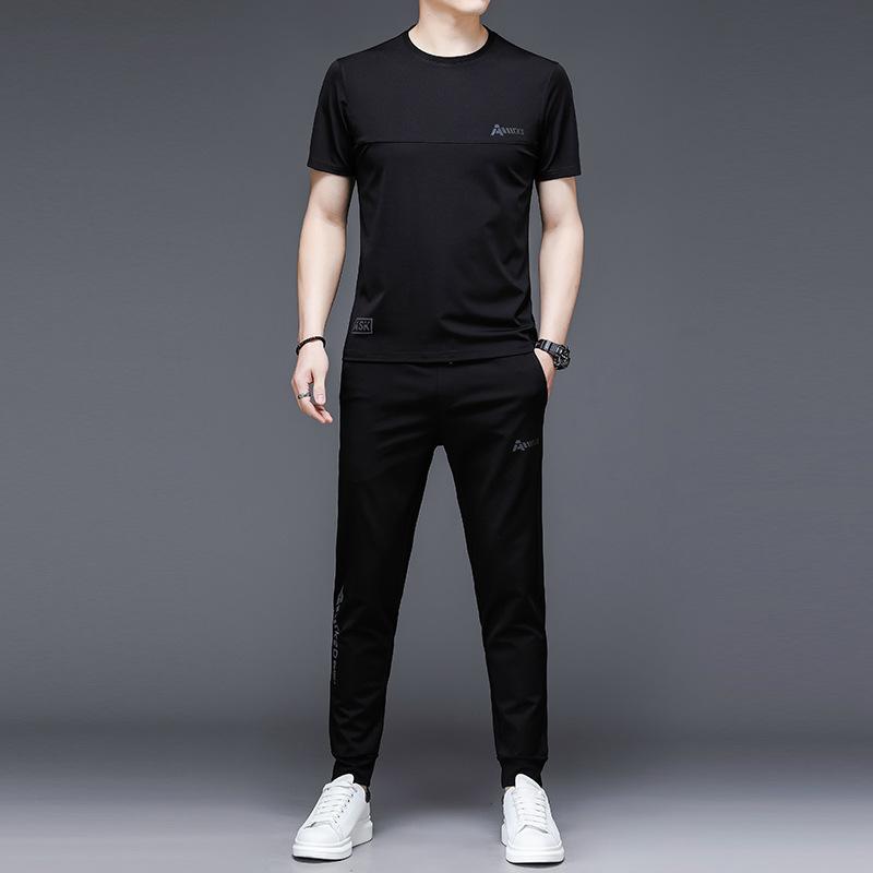 スポーツウェア 男性用 薄手 半袖 Tシャツ &amp; カジュアル ロングパンツ 上下 2点セット 韓国風 ルームウェア 普段使い