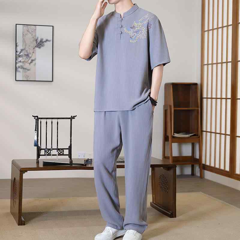セットアップ メンズ 男性用 チャイナ風 接触冷感 唐装 Tシャツ 長ズボン 上下 2点セット 涼しい 普段着 部屋着 ルームウェア