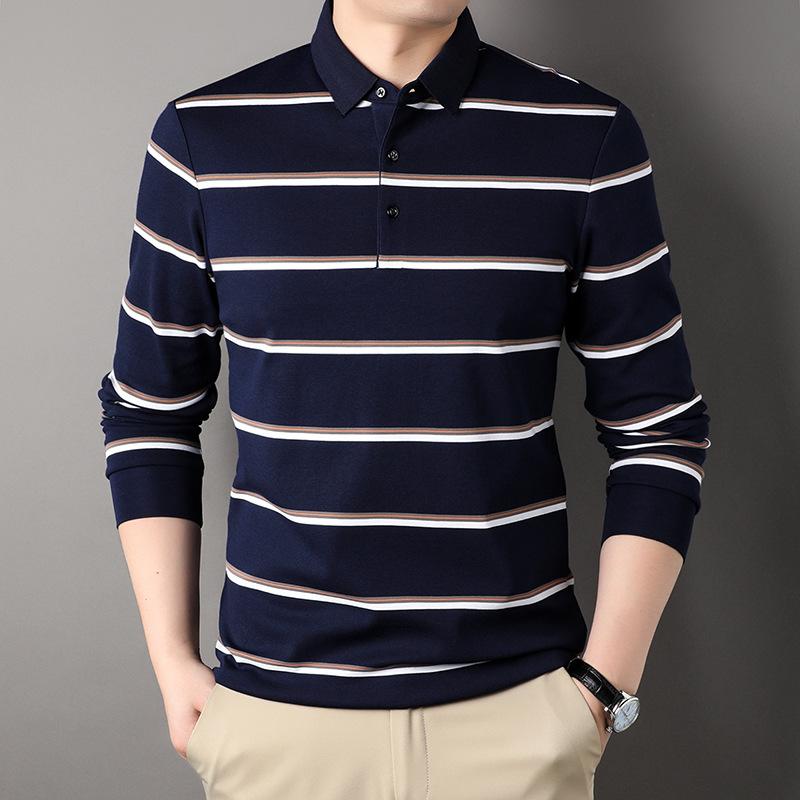 Tシャツ メンズ 男性用 長袖 ストライプ柄 襟付き ゆったり 普段使い 中年 部屋着 秋服 トップス