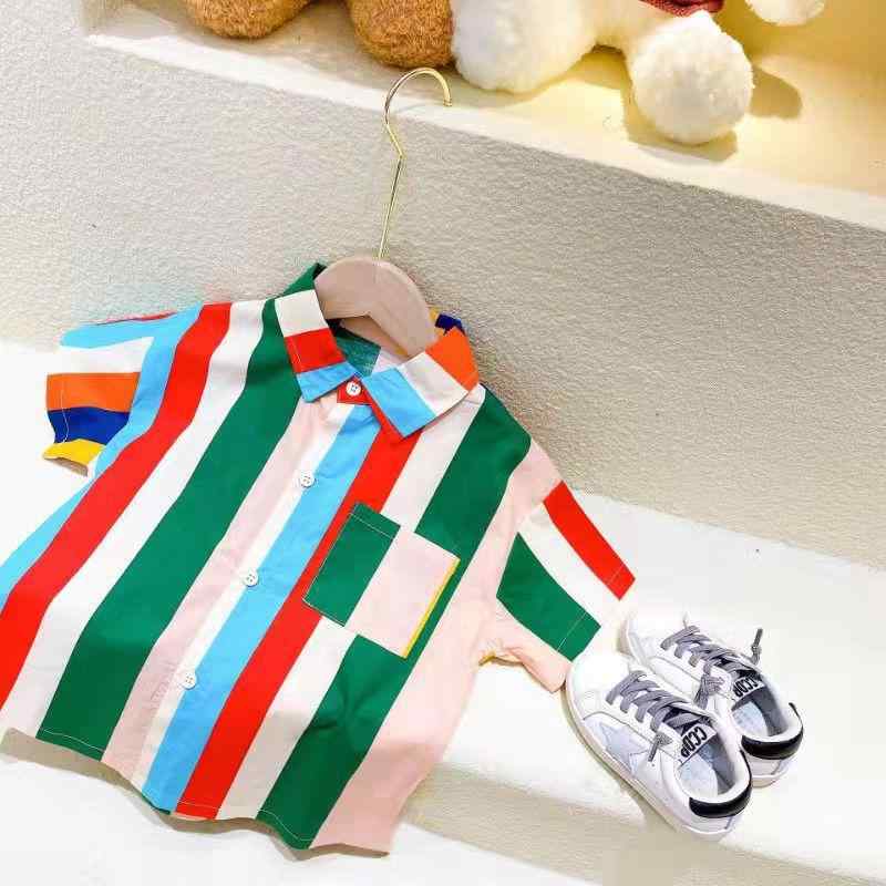 シャツ キッズ 男の子 綿 春夏 レインボー ストライプ 長袖 シャツ ベビー プリント 韓国版・対象性別: 男の子・対象年齢: 中小キッズ(3～8歳, 100～140cm)・実写画像: モデルあり・スタイル: カジュアル・襟のタイプ: 襟...