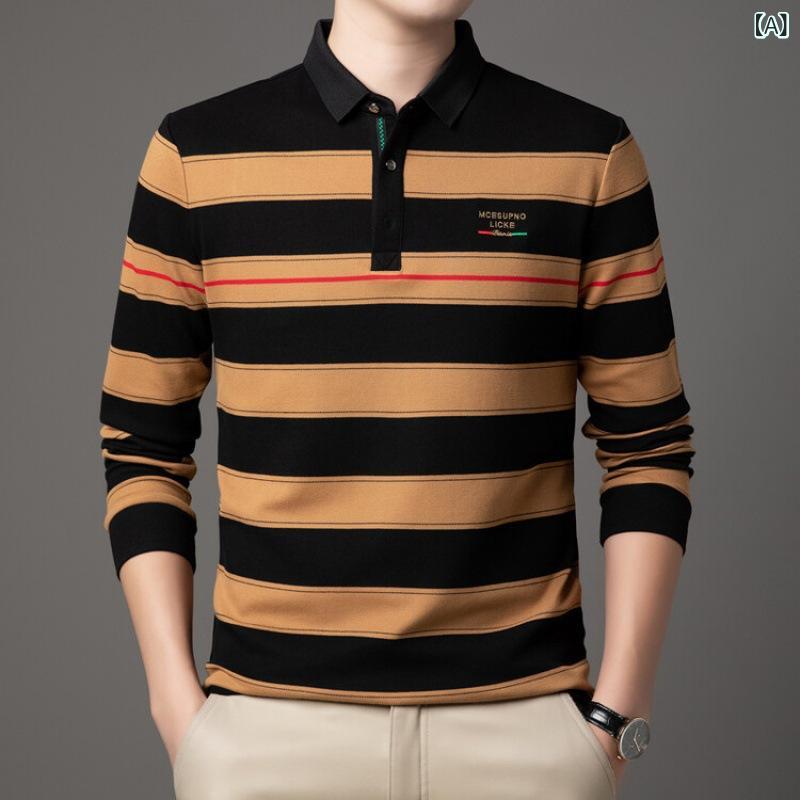 ポロシャツ メンズ 男性用 長袖 配色 ワイドストライプ カラフル Tシャツ トップス 刺繡 襟付き 男装 春秋 普段使い