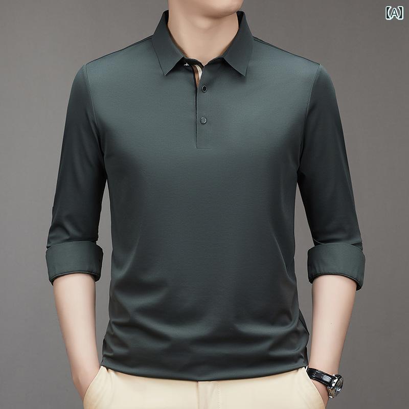 ポロシャツ メンズ 男性用 トップス 長袖 桑蚕丝 無地 ゆったり 接触冷感 ビジネス カジュアル 普段使い
