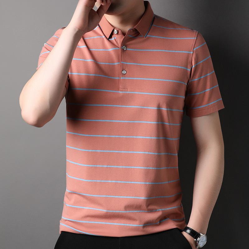 ポロシャツ 男性用 刺繍 ストライプ 半袖 トップス 韓国風 カジュアル ファッション 襟付き サマー おしゃれ
