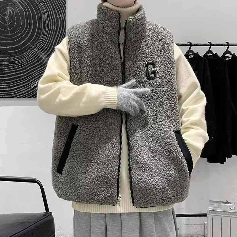 綿入りベスト 男性用 冬用 裏起毛 ボア 厚手 アウター 韓国風 ゆったり 袖なし チョッキ 防寒