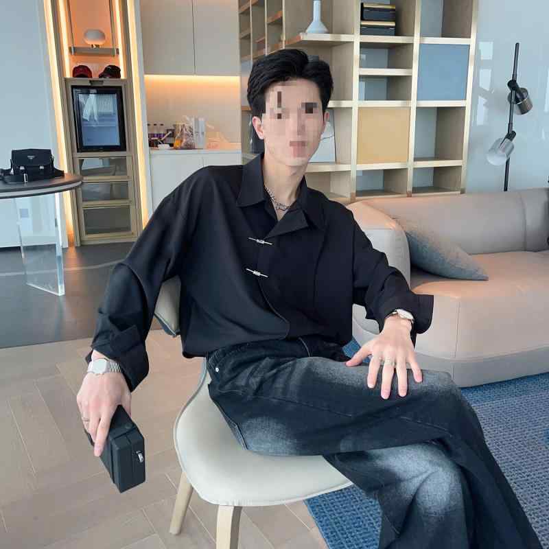 シャツ メンズ 男性用 新中国スタイル チャイナボタン 長袖シャツ 韓国風 アイロン不要 ドレープ感 ゆったり 快適 ホワイト