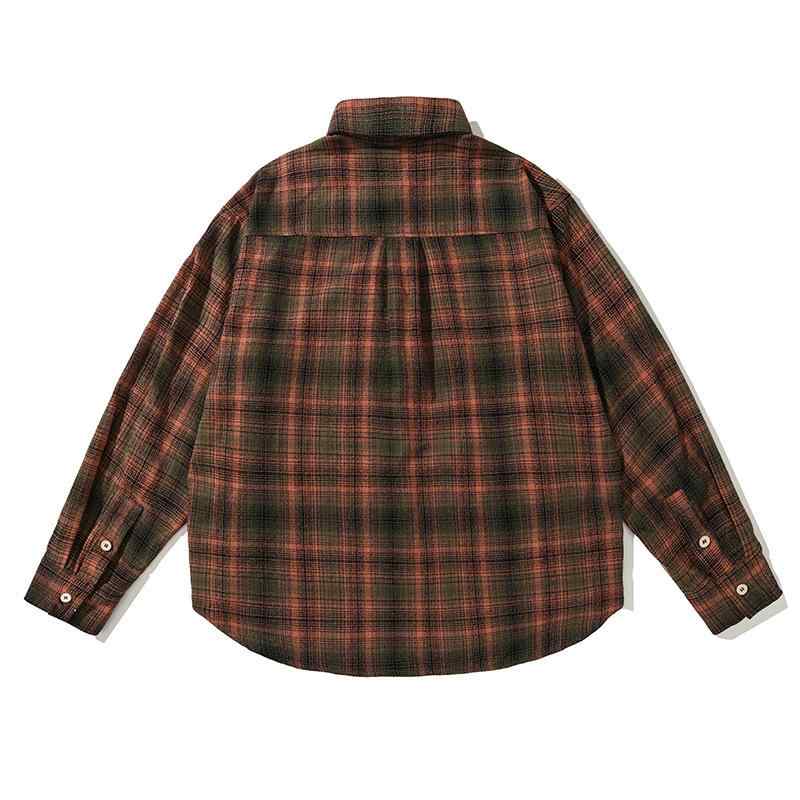 シャツ 男性用 春夏 トップス 配色 格子柄 レトロ ルーズフィット ポケット