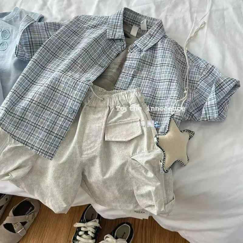 シャツ 男の子 韓国風 子供服 チェック柄 半袖シャツ ショートパンツ 2点セット 上下セット