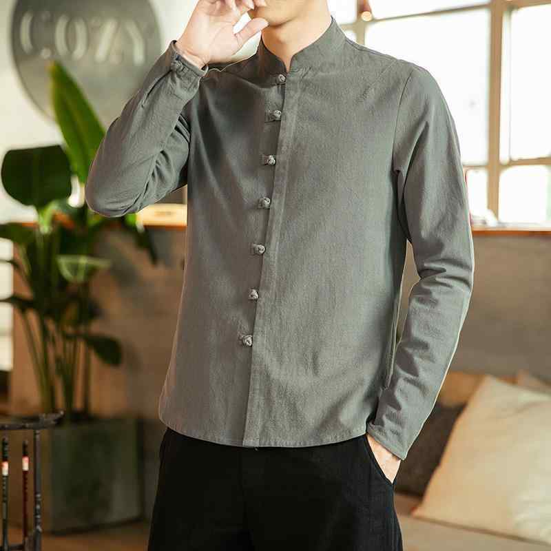 シャツ メンズ 男性用 長袖 チャイナ風 唐装 スタンドカラー トップス レトロ 春物・スタイル: 复古・领型: 立领・袖丈: 長袖・柄: 纯色・厚さ: 普通・カラー: 深灰色, 藏青色, 白色, 黒色, 红色, 浅灰, 卡其色, 军绿色,...