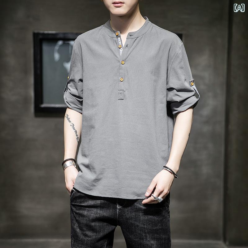 Tシャツ 男性用 半袖 立襟 無地 コットン 綿100% 五分袖 カジュアル トップス 普段使い 部屋着