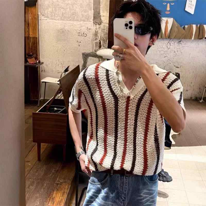 ポロシャツ メンズ 半袖 Vネック ニット レトロ トップス サマー 電気メッキ加工 高級感 切り替え[ "・スタイル: ベーシック", "・袖丈: 半袖", "・柄: 無地", ...