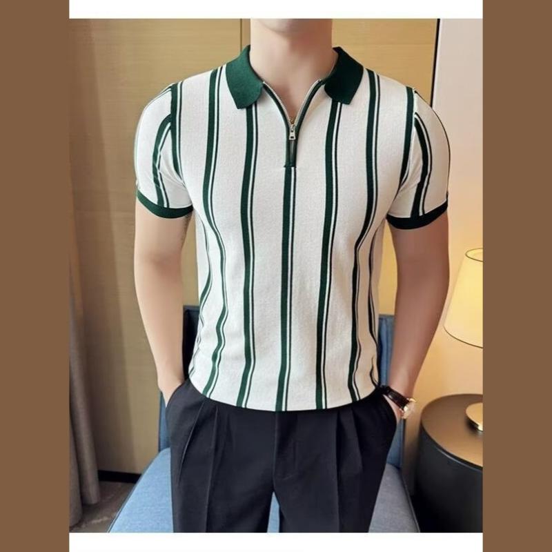 ポロシャツ メンズ 半袖 切り替え ストライプ トップス 接触冷感 スリムフィット